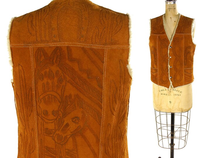 70s Tooled Leather Vest / Vintage 1970s Brown Suede Hippie Boho Western ...