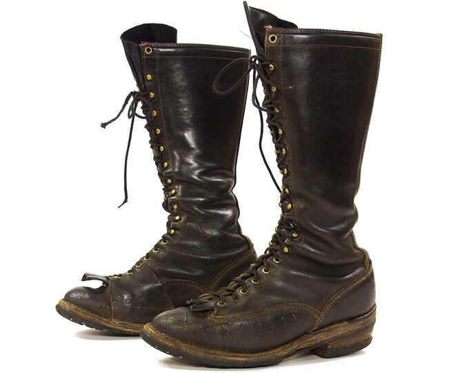 Lace up Knee High Lineman Boots Vintage 70s Tall Black Leather Punk ...
