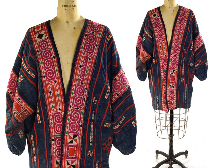 Vintage Hmong Jacket / Indigo Batik Duster With Embroidery / Hill Tribe ...