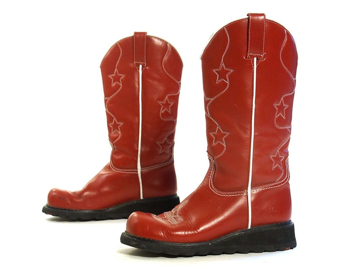 John Fluevog Red Leather Cowboy Boots Vintage 90s Tall Pull on Western ...