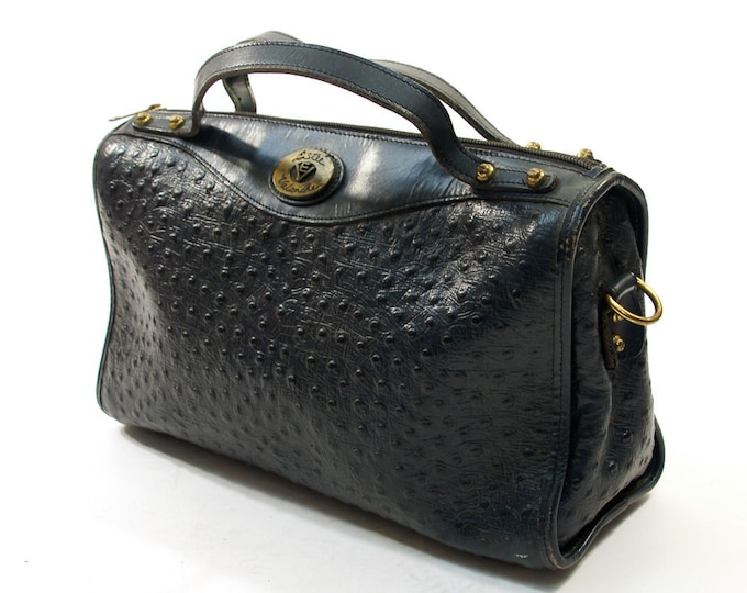 70's Azure Blue Leather Handbag With Embossed Ostrich Skin Texture - Etsy
