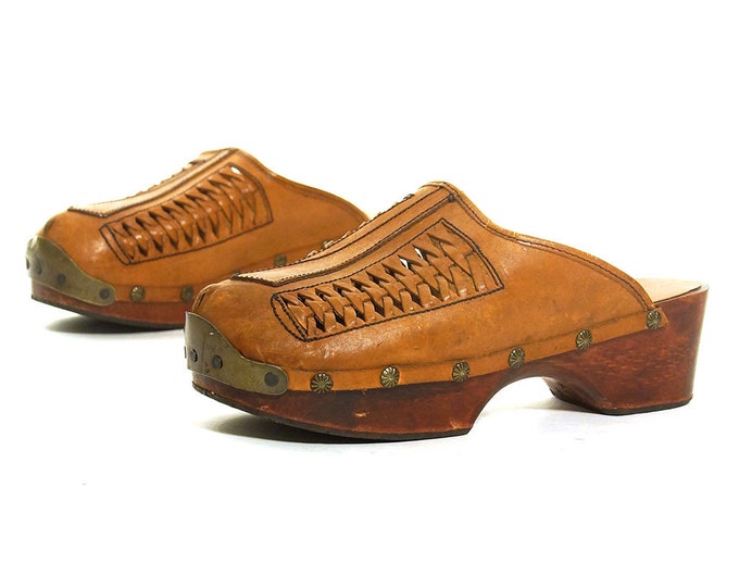 70s Wooden Clogs Vintage Brown Leather Slip on Mules Hippie Boho ...