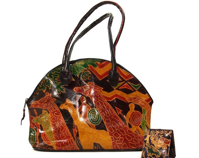 90s Painted Leather Purse / Vintage 1990s Tooled Leather Safari Bag ...