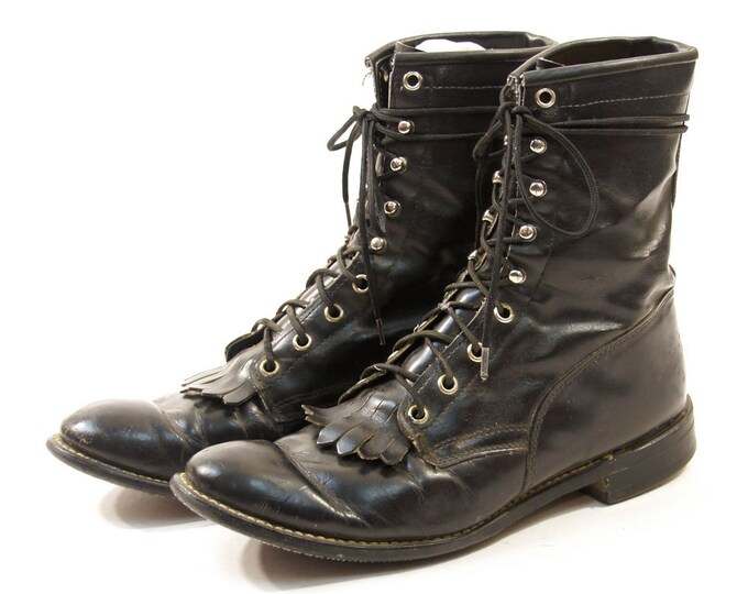 90s Lace up Ankle / Roper Boots With Fringe Tassel Toes in Black ...