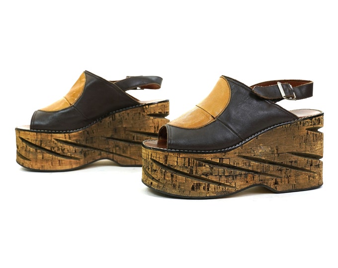 Cork Platform Leather Mules Vintage 60s Women's Size 7.5 - Etsy