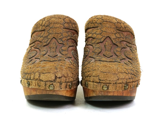 Tooled Brown Leather Wood Platform Clogs by Ariat Women's Size 8.5 - Etsy