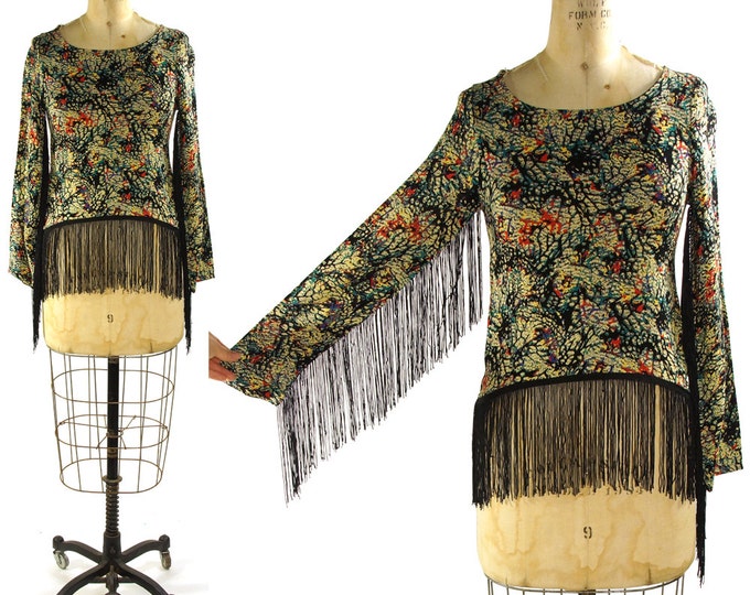 1990s Fringed Blouse / Vintage Abstract Floral Print Top With Fringe ...