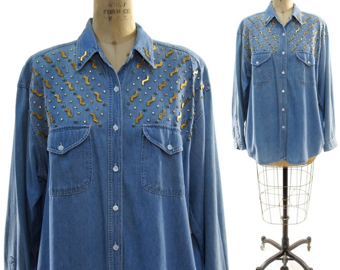 80's Denim Button up Shirt With Rhinestones Turquoise and Zigzag Studs ...