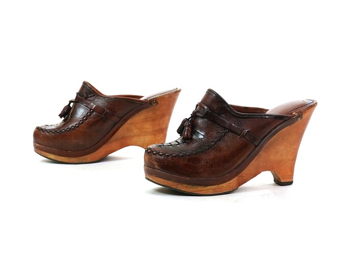 Wooden Platform Brown Leather Clogs Vintage 70s Women's Size 7 - Etsy