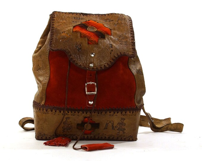 70s Tooled Leather Backpack / Southwest Patchwork Backpack - Etsy