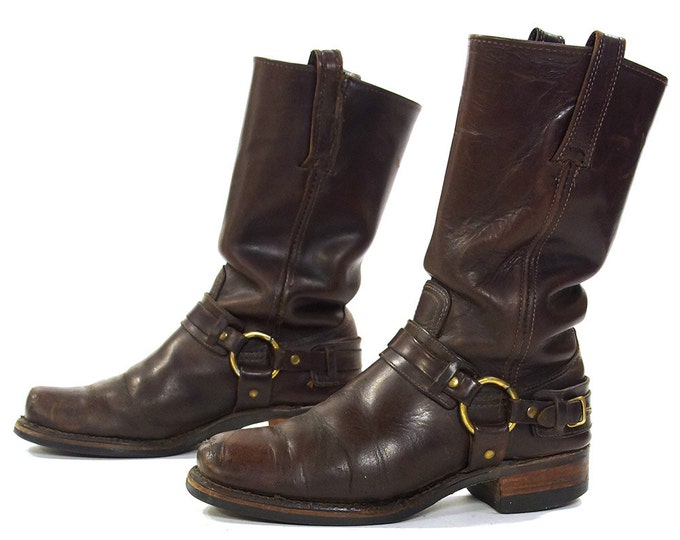 FRYE Motorcycle Boots With Ankle Harness / Distressed Brown Leather Mid ...