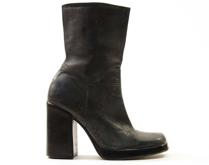 90s Chunky Heel Zip up Chelsea Boot in Black Leather / Women's Sz 8.5 ...