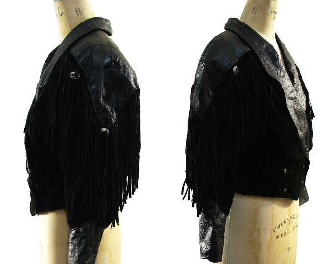 SALE 80s Fringed Leather Motorcycle Jacket Vintage Cropped Black ...