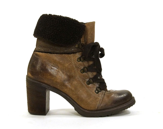 High Heel Lace up Ankle Boots / Brown Distressed Leather With Faux Fur ...