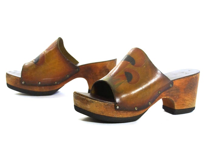 Mushroom Clogs Vintage 70s Handmade Slip on Tooled Leather Wooden ...