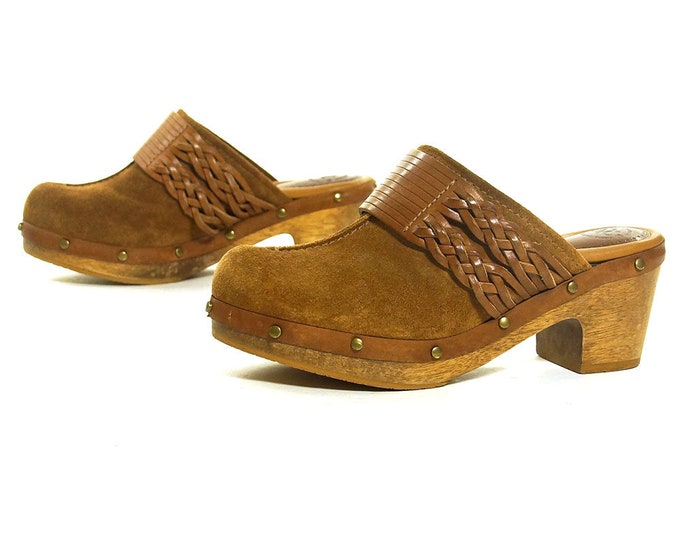 Wooden Clogs Vintage 80s Brown Suede & Leather Slip on Mules Hippie ...