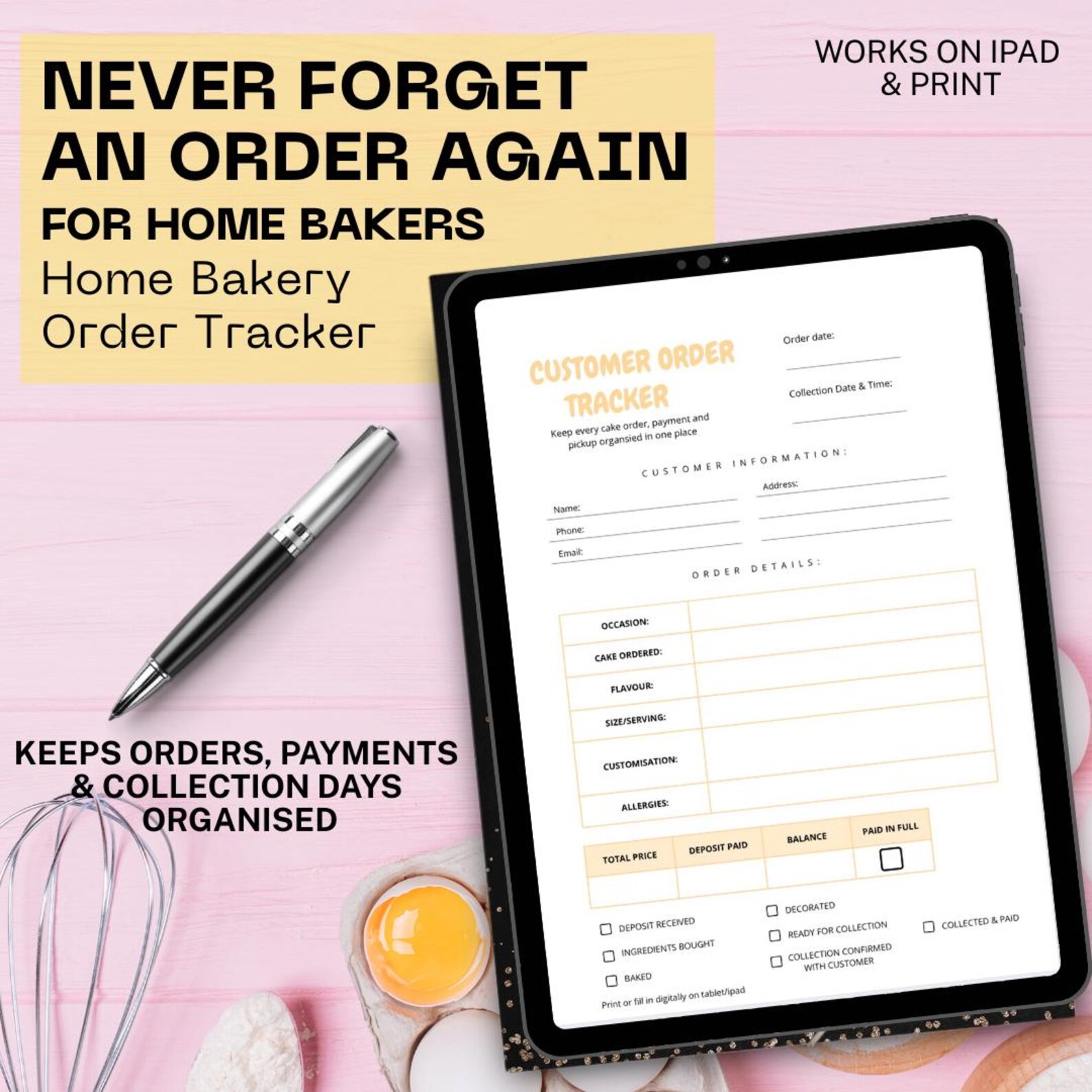 Home Bakery Order Tracker, Cake Order Form for Home Bakers, Baking ...