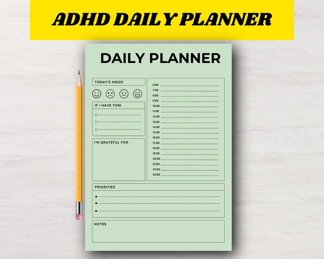 ADHD Daily Planner Printable Hourly Schedule Priorities Mood Tracker ...