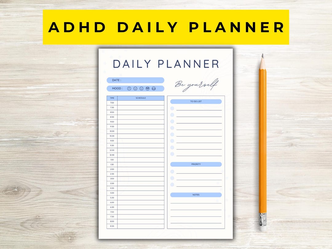 ADHD Daily Planner | Printable Hourly Schedule | Mood Tracker & To-do ...