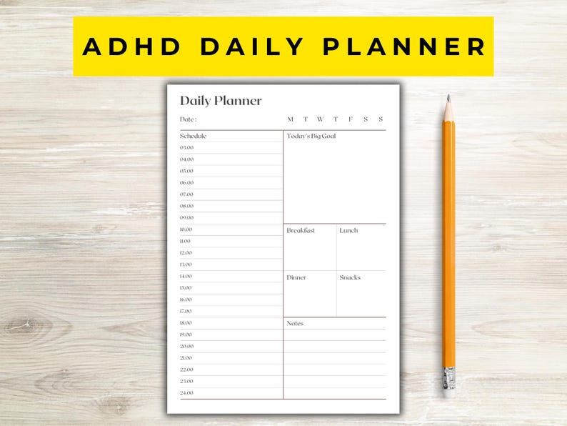 Daily Planner | ADHD Hourly Schedule | Goal Setting | Meal Tracker ...