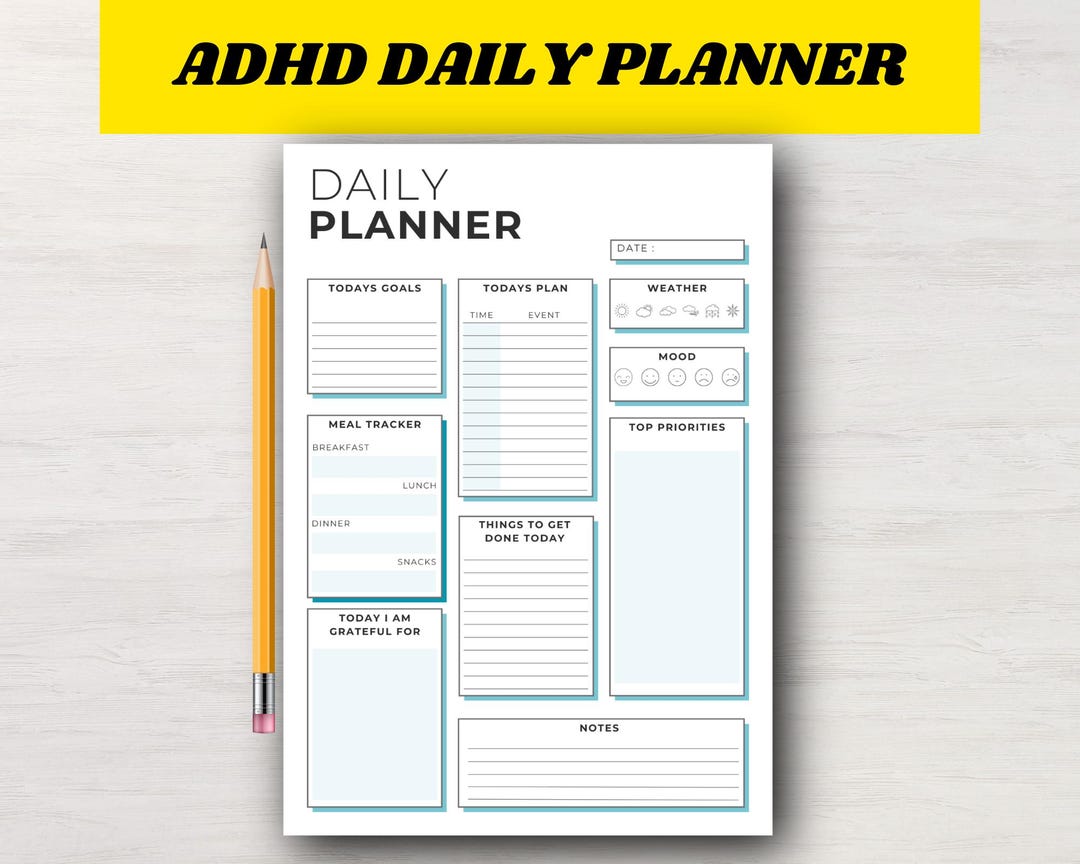 ADHD All-in-one Daily Planner Printable Hourly Schedule Meal Tracker ...