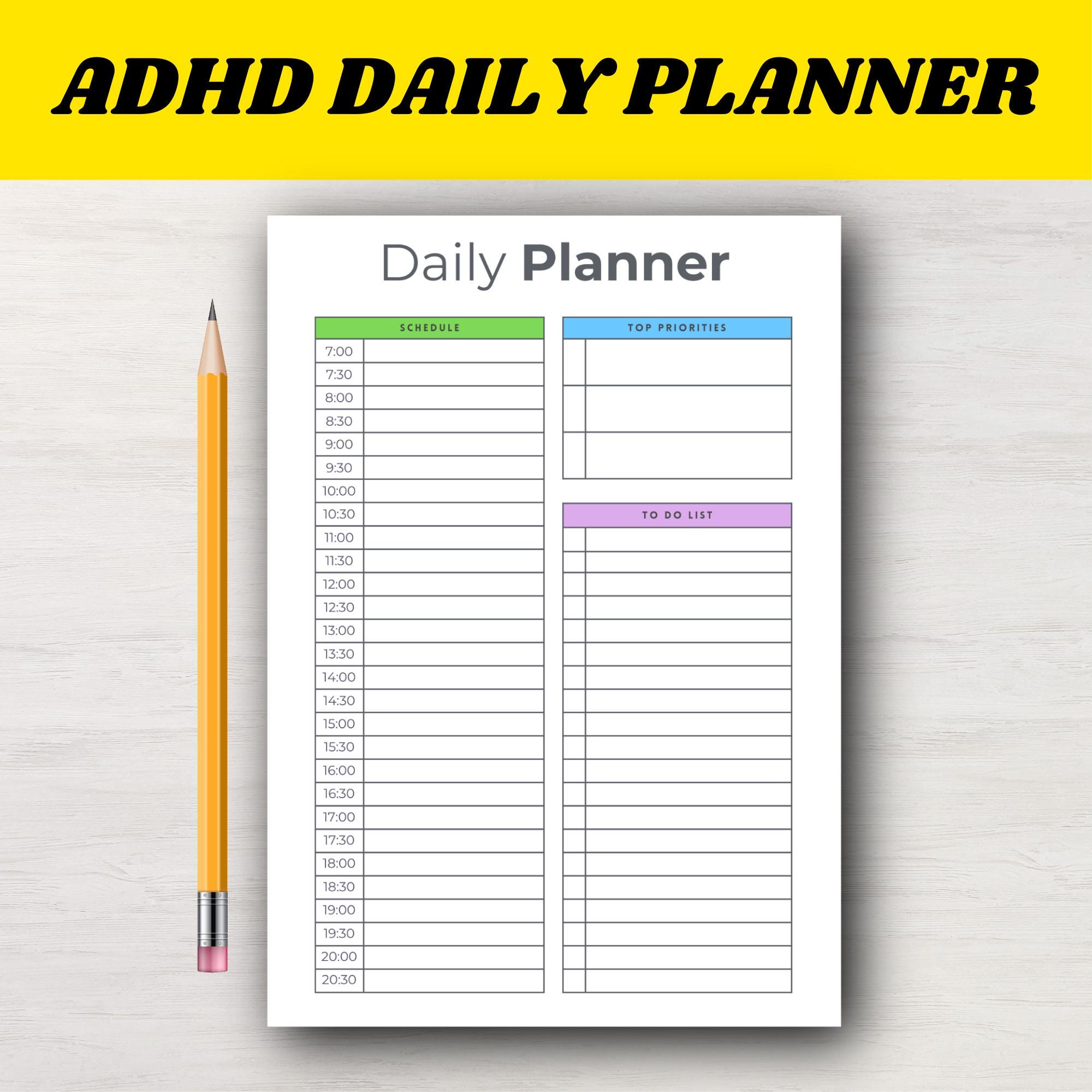 ADHD Daily Planner Printable Hourly Schedule Task Tracker Goal Setting ...
