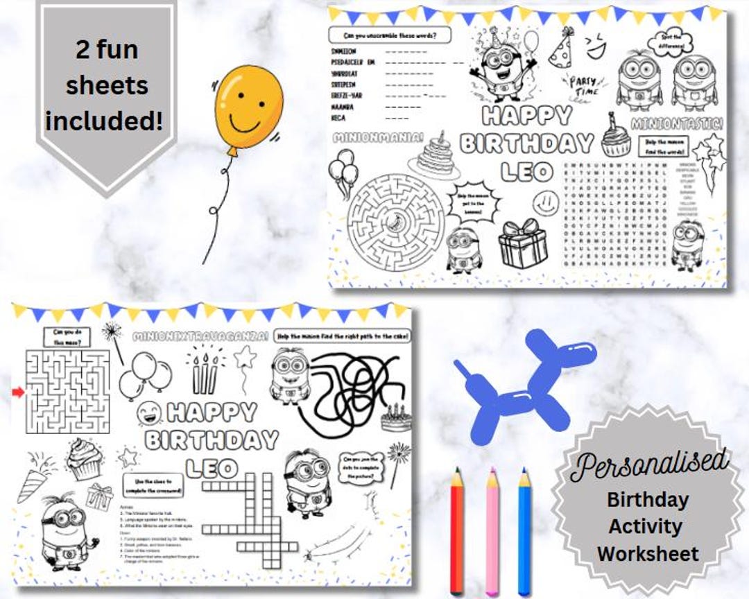 Personalised Kids Birthday Activity Worksheet for Kids Cartoon Themed ...