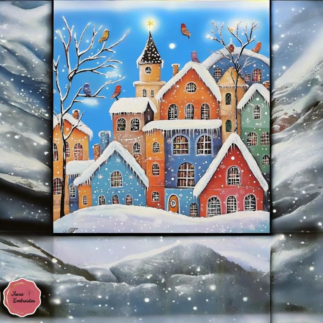 Winter Town Scene Cross Stitch Kit DIY Embroidery Set 40x40cm, Pre ...