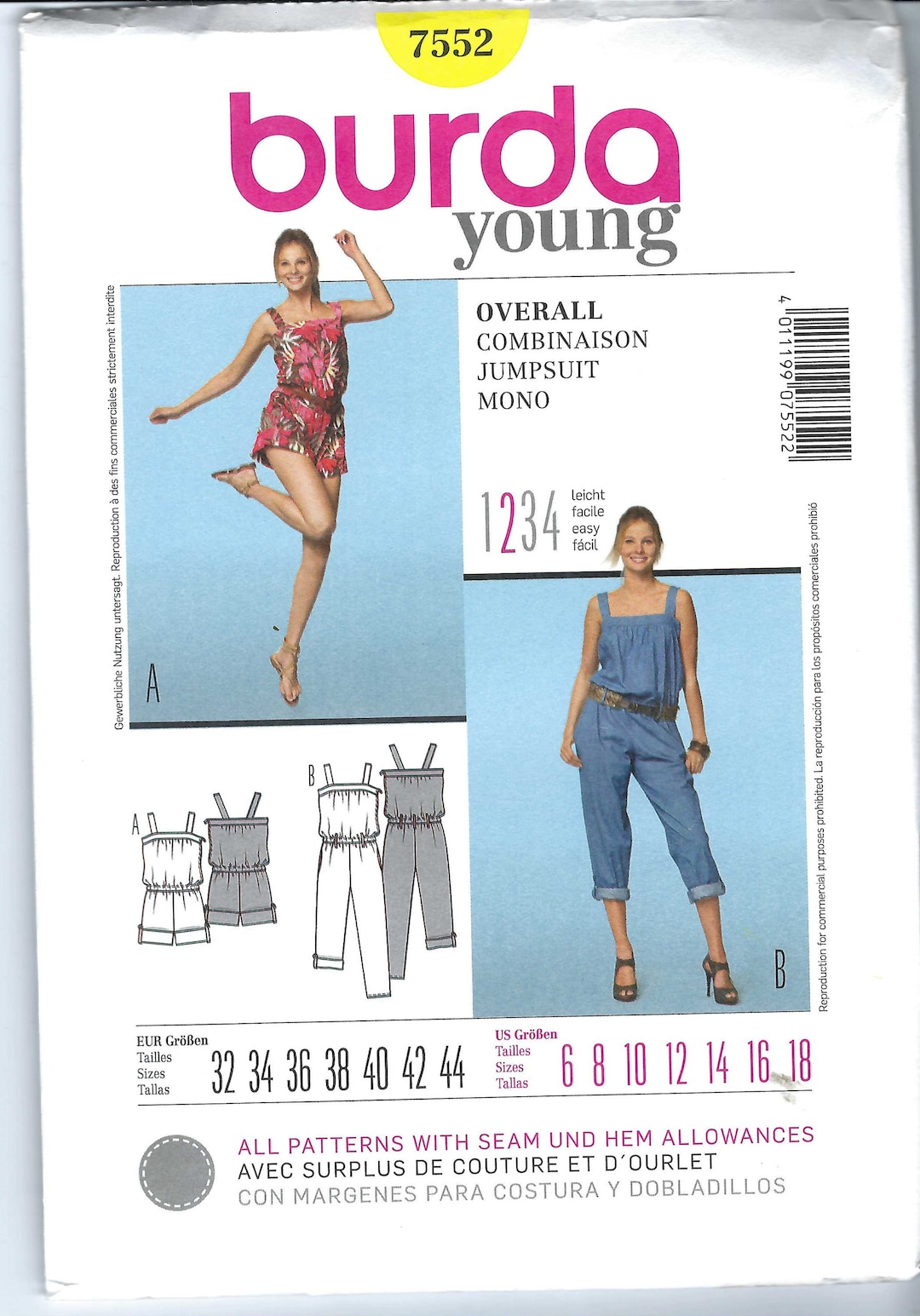 Uncut Burda Sewing Pattern 7552 Misses Sleeveless Jumpsuit in Two ...