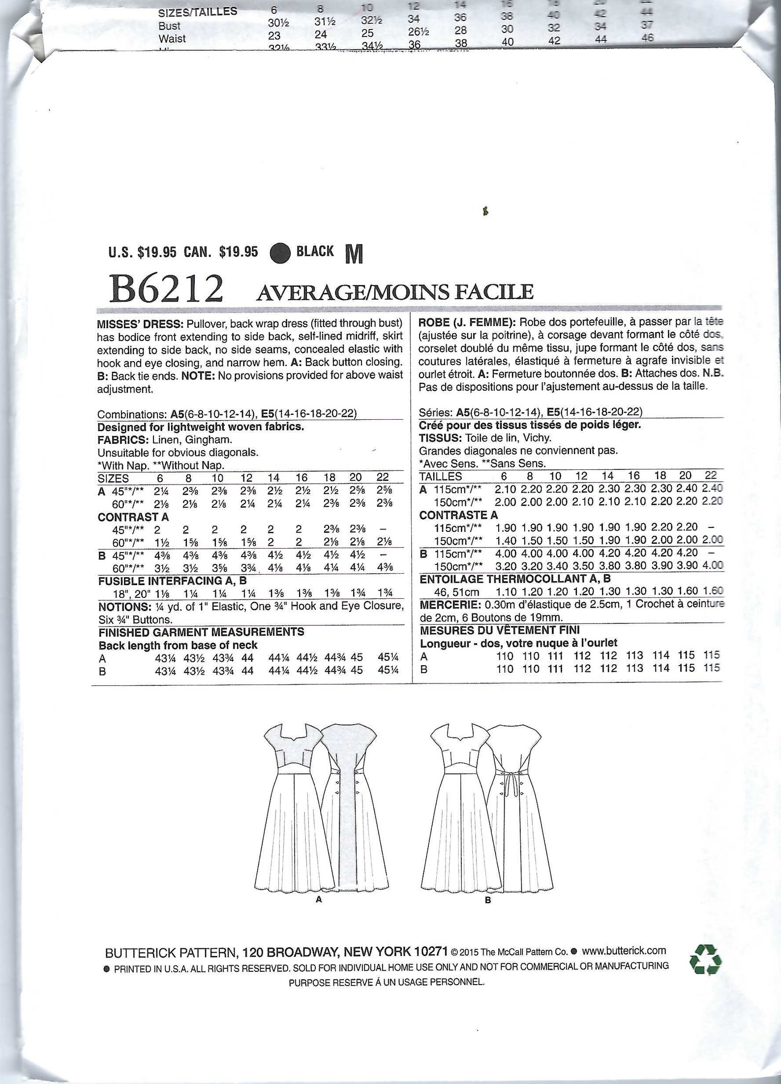 Uncut Butterick Sewing Pattern B6212 6212 Misses' Pullover Back-wrap ...