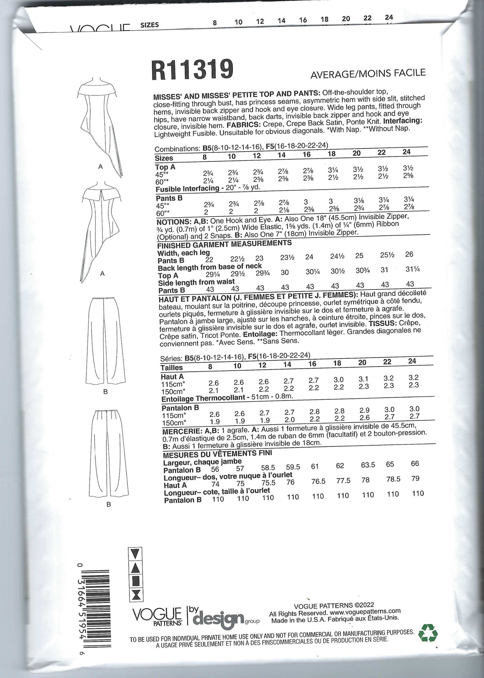 Uncut Vogue Sewing Pattern 11319 1869 - Tom and Linda Platt Top and ...