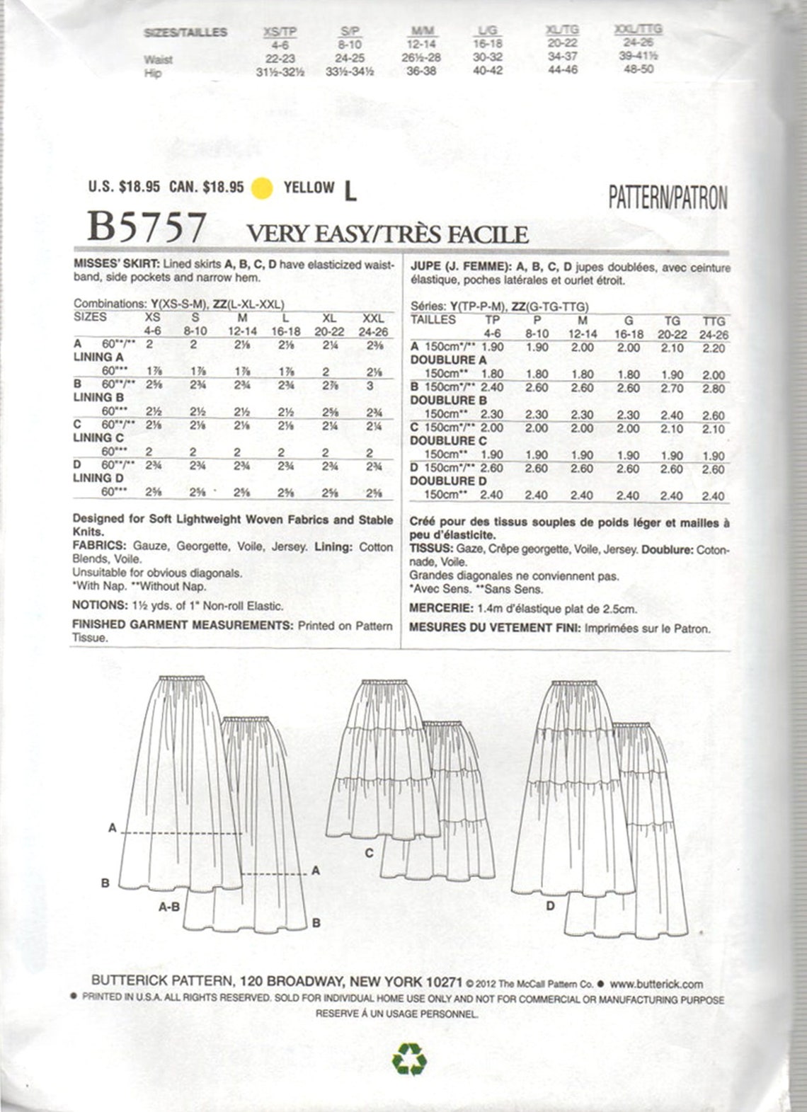 Butterick 5757 B5757 Misses' Skirt Size Xsm-sml-med - Etsy
