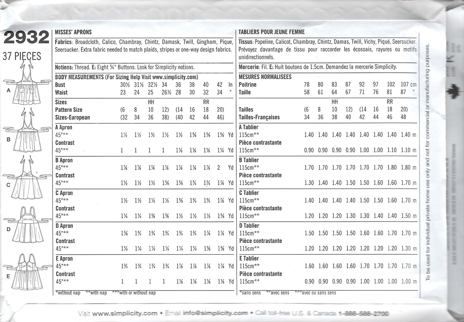 Uncut simplicity sewing pattern 2932 Style Fitted Apron Bib | Etsy