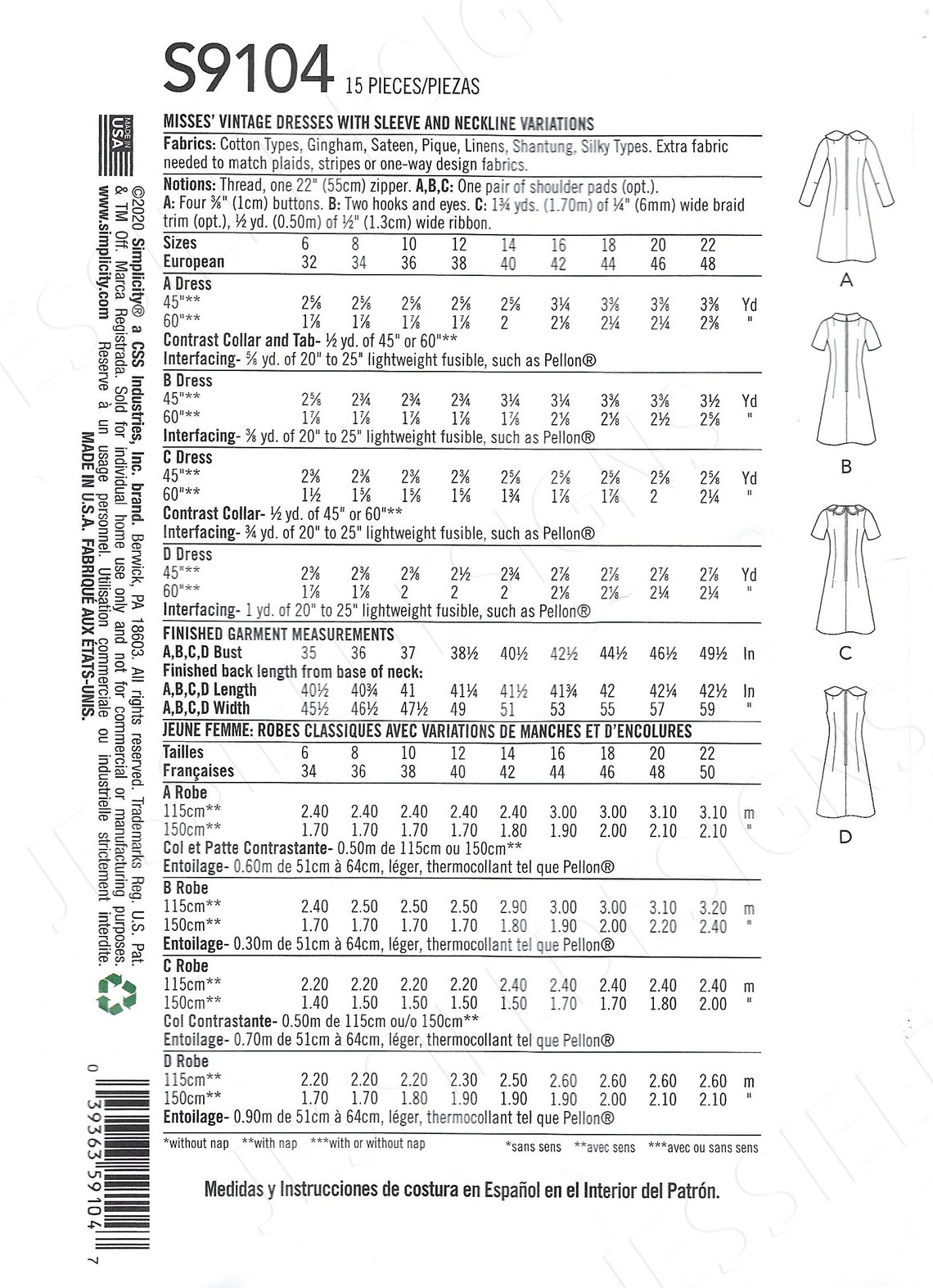 Uncut Simplicity Sewing Pattern S9104 9104 Misses' Vintage - Etsy