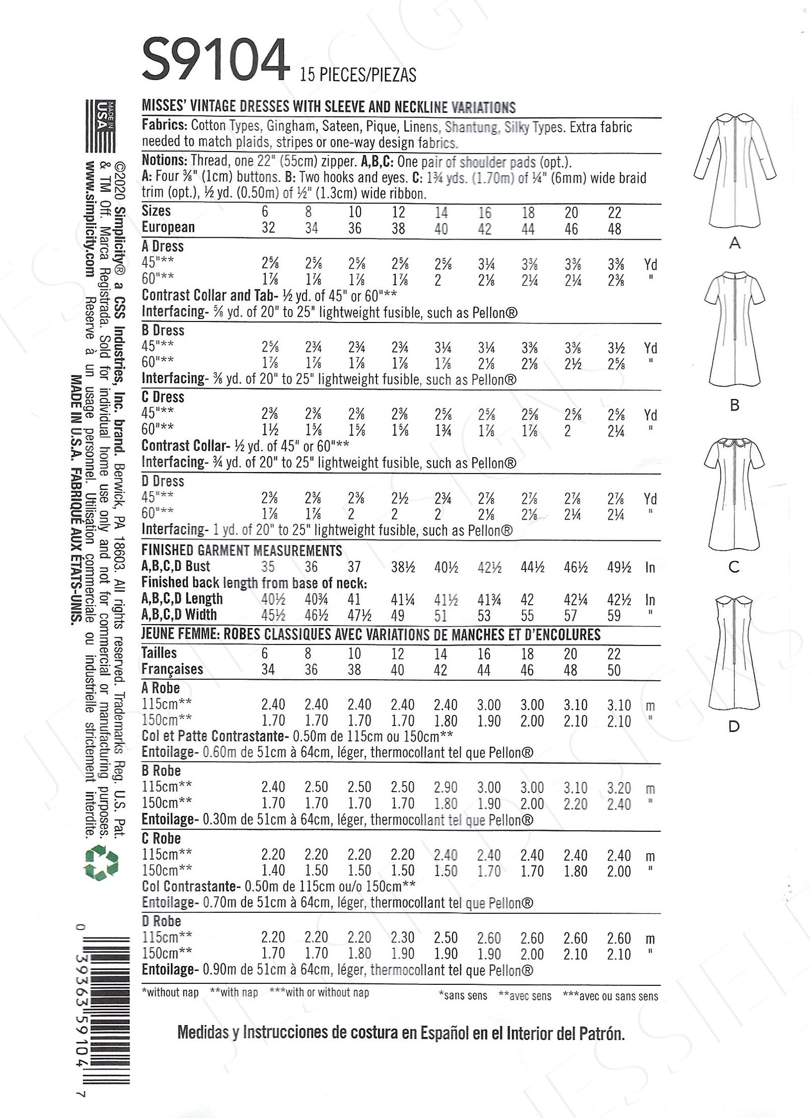 Uncut Simplicity Sewing Pattern S9104 9104 Misses' Vintage - Etsy
