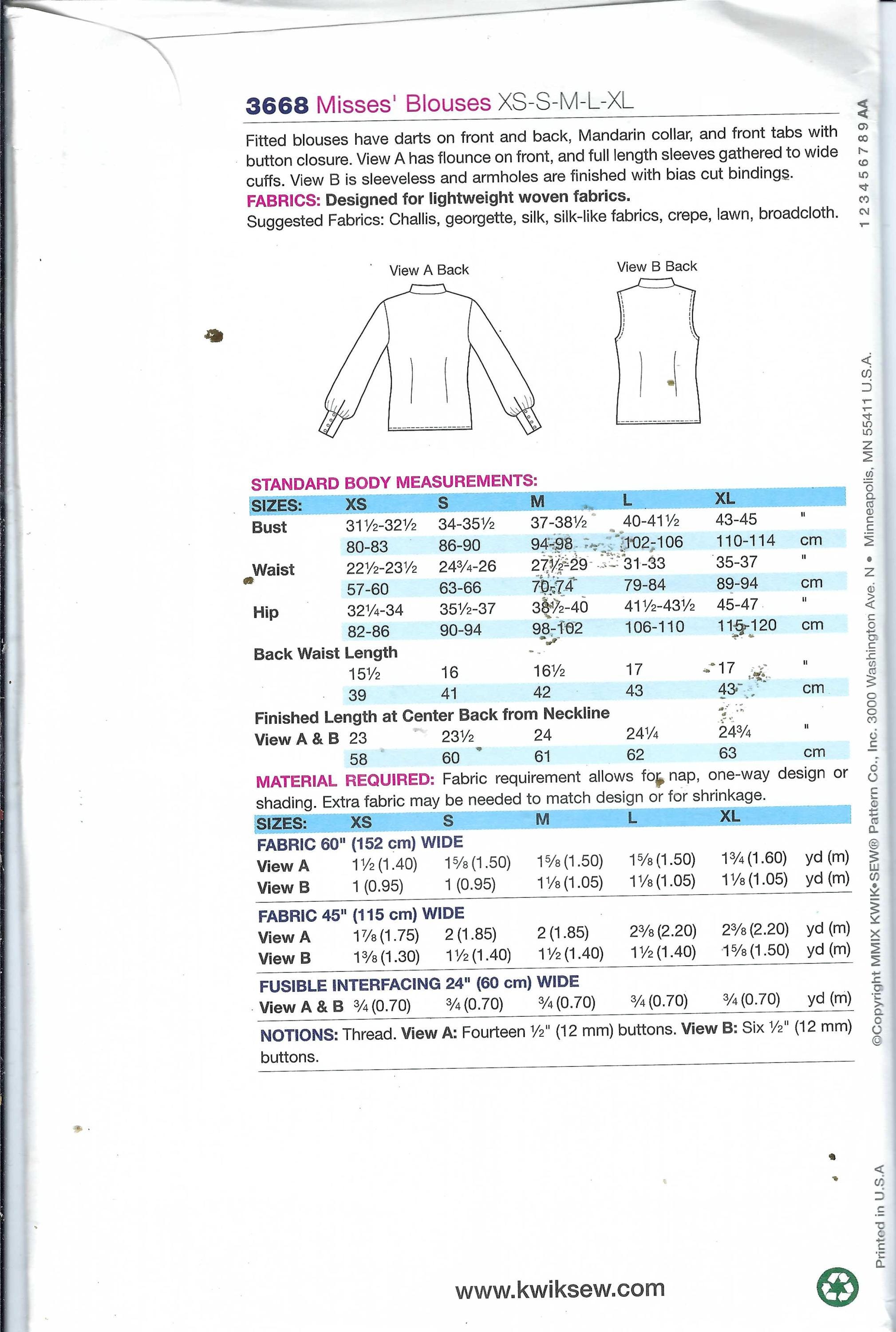 Uncut Kwik Sewing Pattern 3668 Misses' Blouses Size Xs-xl - Etsy