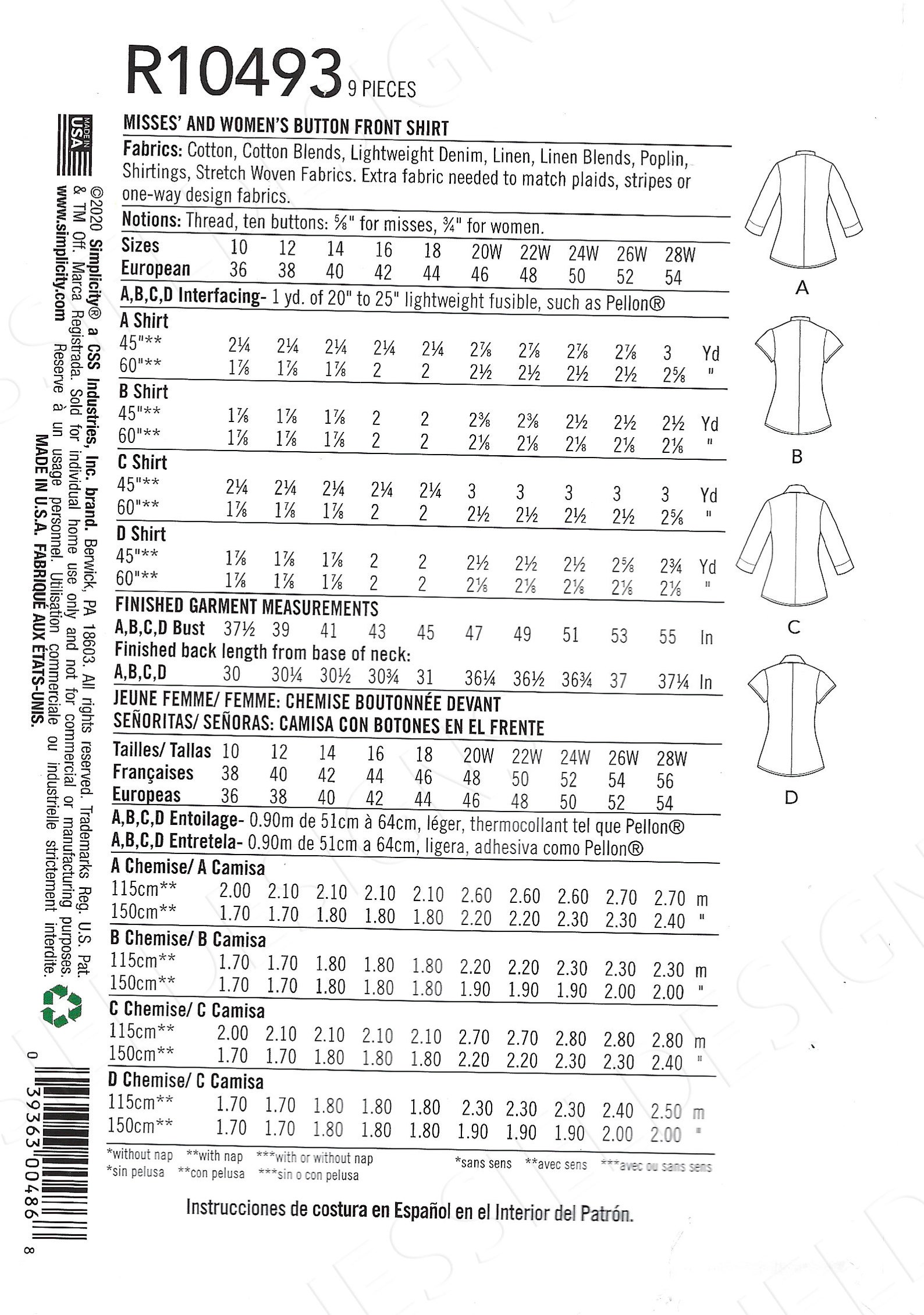 Uncut Simplicity Sewing Pattern 10493 9106 Misses' & Women's Button ...