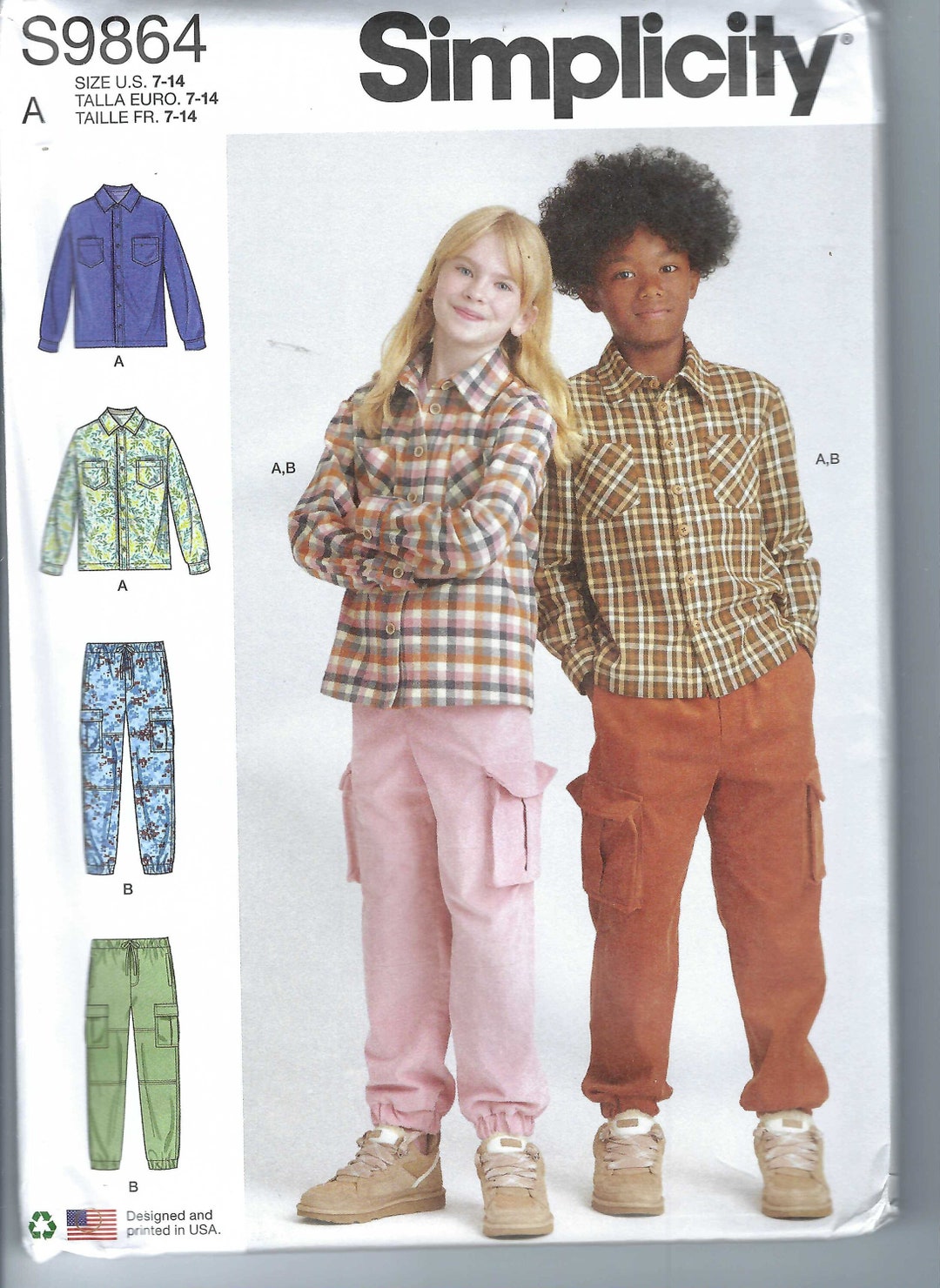 Uncut Simplicity Sewing Pattern Girls' and Boys' Shirt and Cargo Pants ...