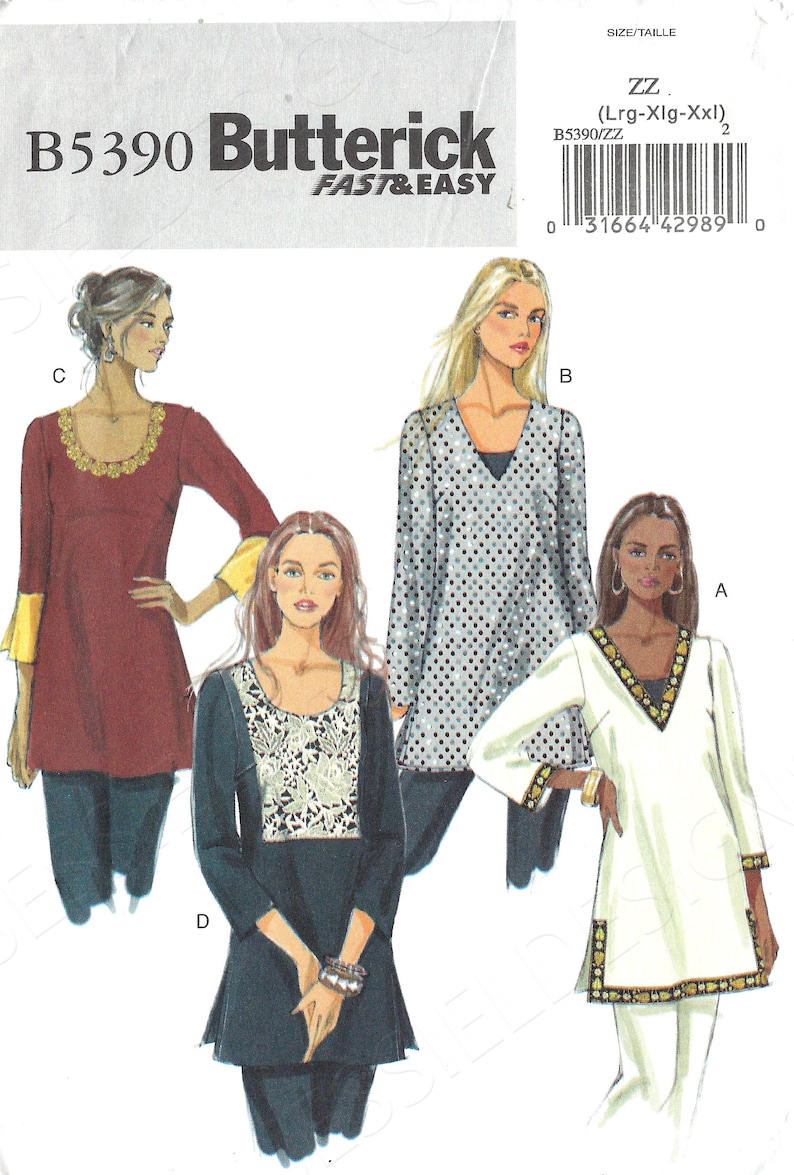 Uncut Butterick Sewing Pattern 5390 Butterick Misses Tunic Sz Xsm-med L ...