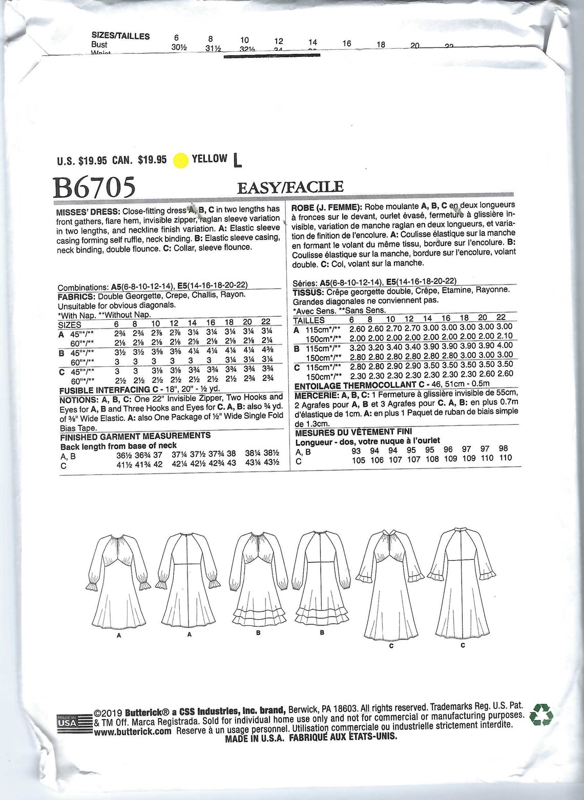 Uncut Butterick Sewing Pattern 6705 Misses Dress Size 6-14 14-22 FF - Etsy