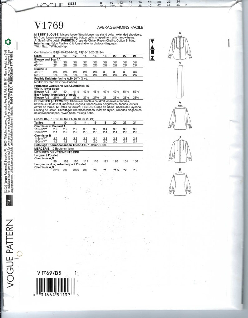 Uncut Vogue Sewing Pattern Womens Tops, Button Front Tops, Long Sleeve ...