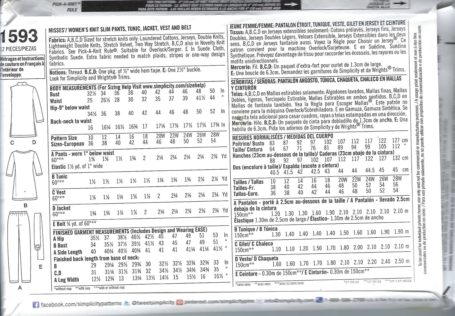 Uncut Simplicity Sewing Pattern 1593, Women's Knit Slim Pants, Tunic ...