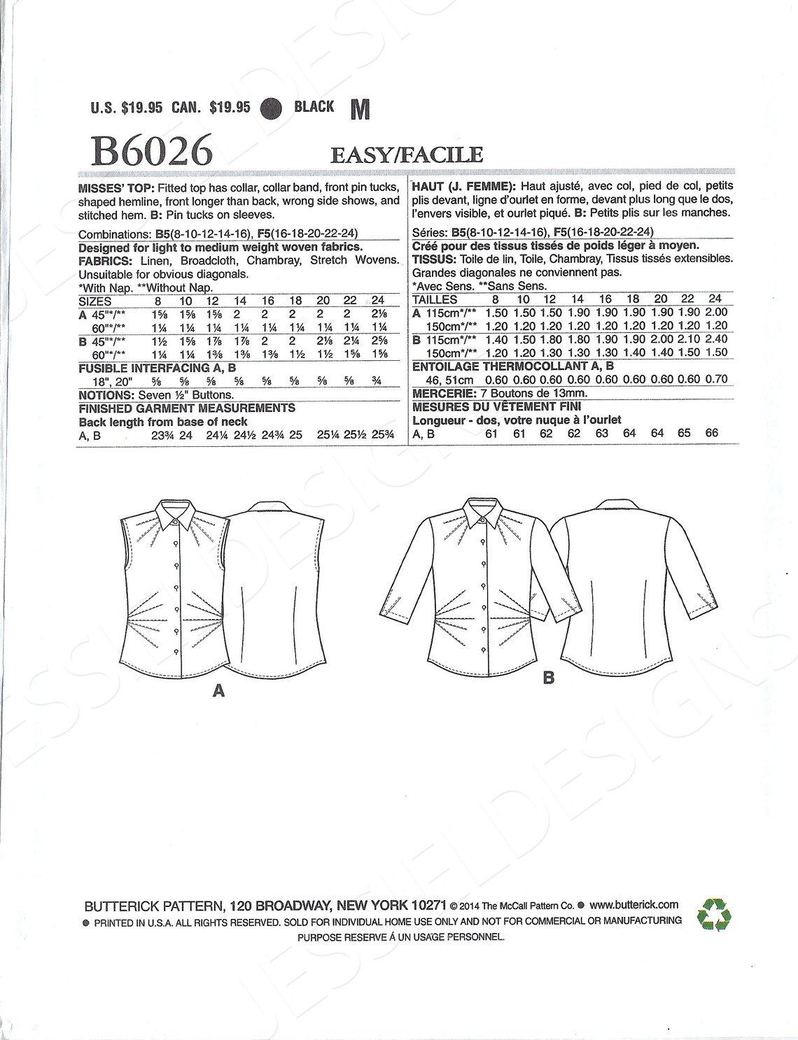 Uncut Butterick Sewing Pattern 6026 Misses Top Pattern Blouse - Etsy