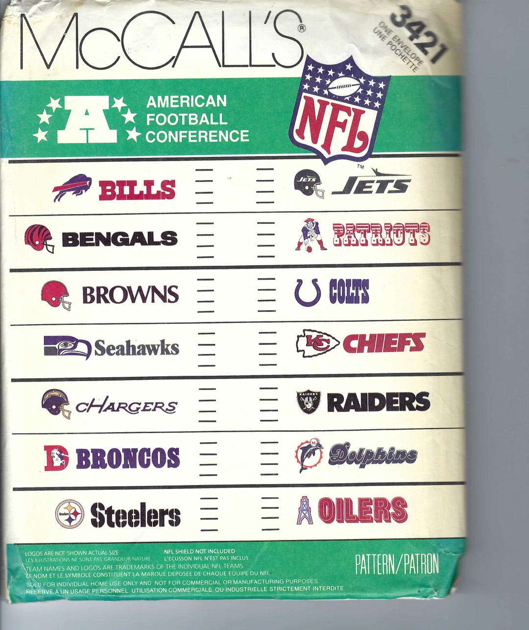 Uncut Vintage Mccalls Sewing Pattern 3421 American Football Conference ...
