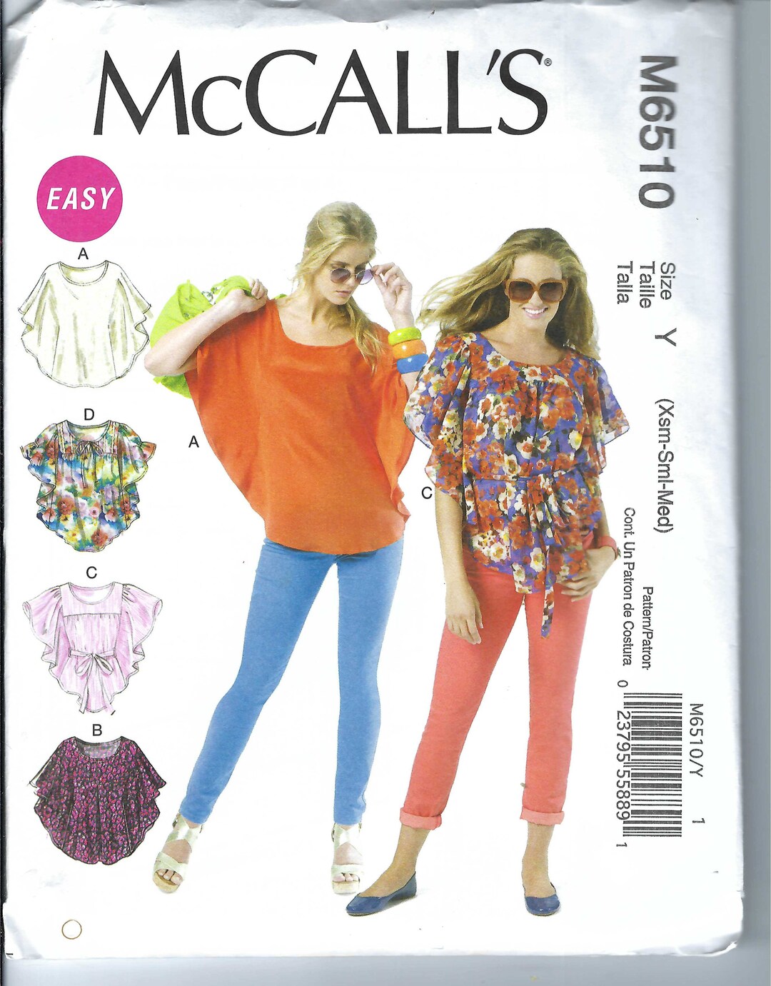 Uncut Mccalls Sewing Pattern Misses, Pullover Tops & Belt, Pattern 6510 ...