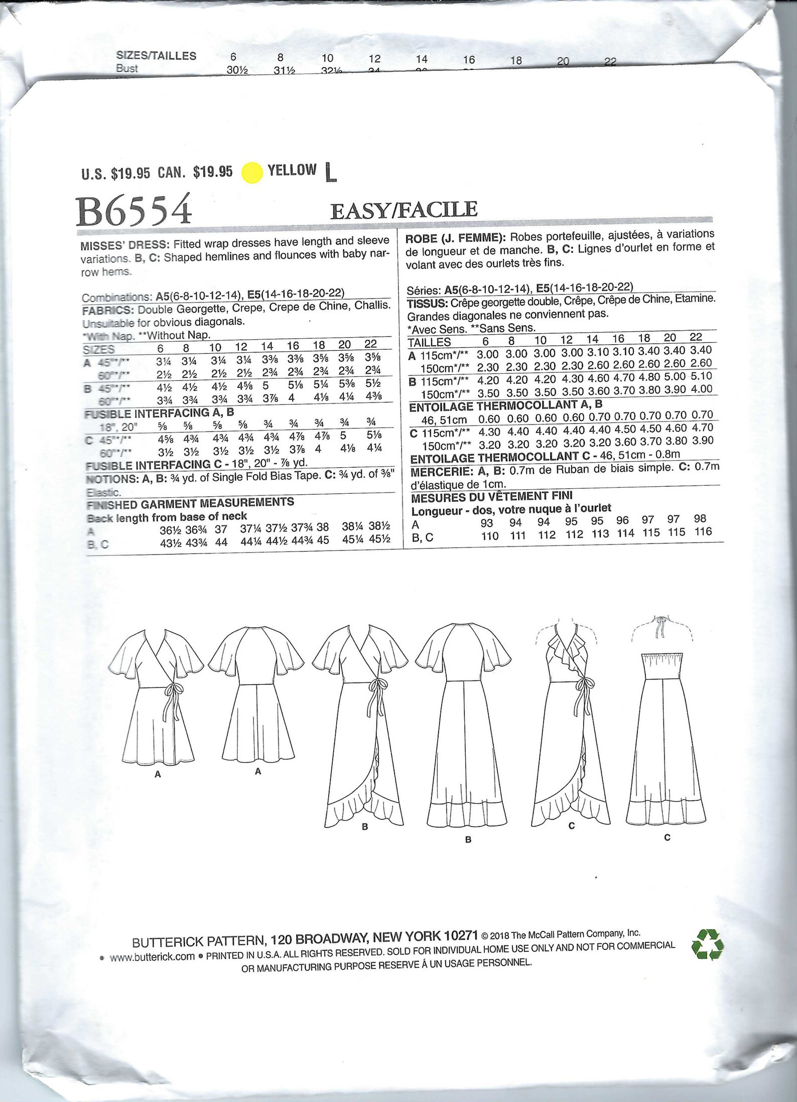 Uncut Sewing Pattern Wrap Dresses Butterick Pattern 328 6554 - Etsy