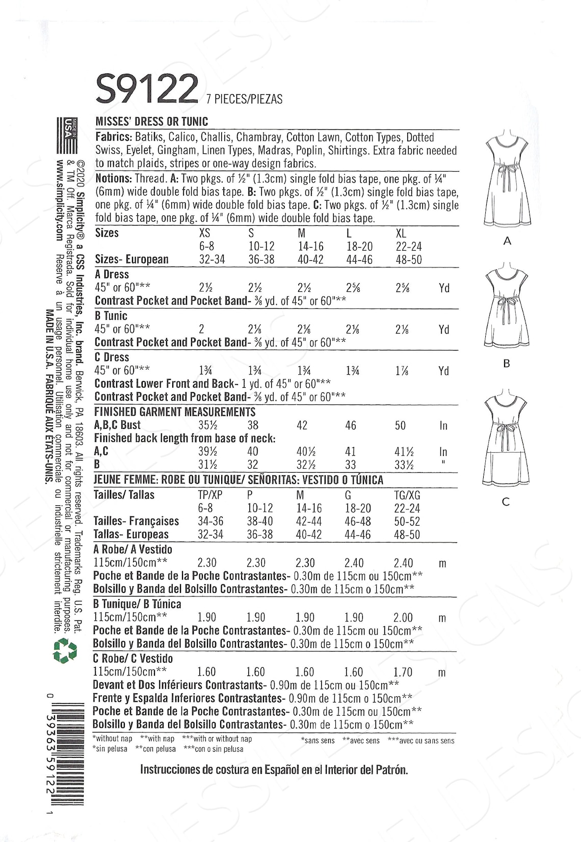 Uncut Simplicity Pattern 902 S9122 9122 1080 Misses' Dress or Tunic ...