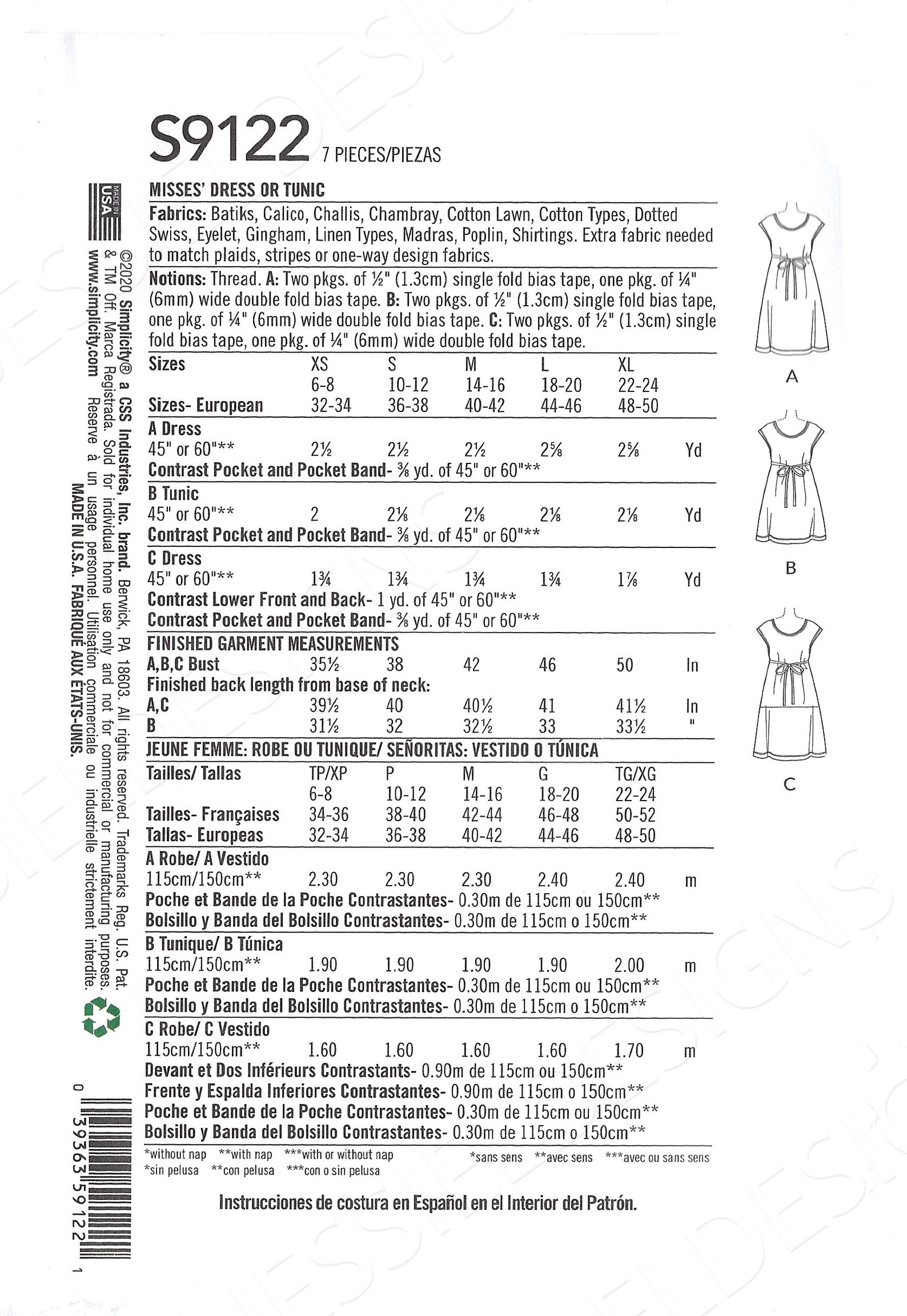 Uncut Simplicity Pattern 902 S9122 9122 1080 Misses' Dress or Tunic ...