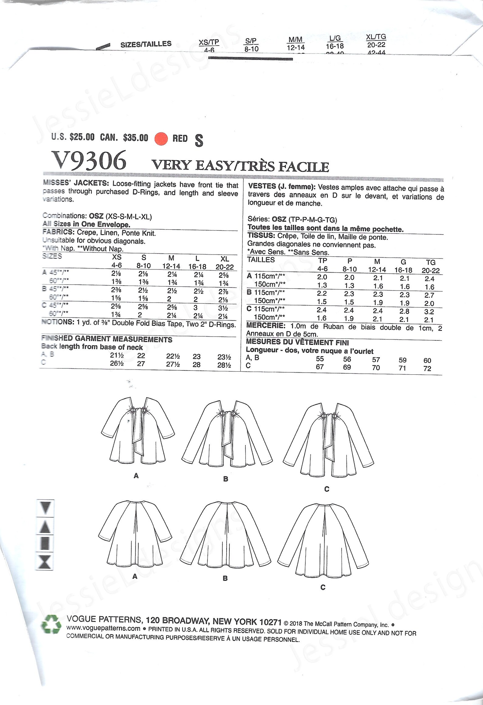 Uncut Vogue Sewing Pattern 9306 Women's Jacket Loose | Etsy