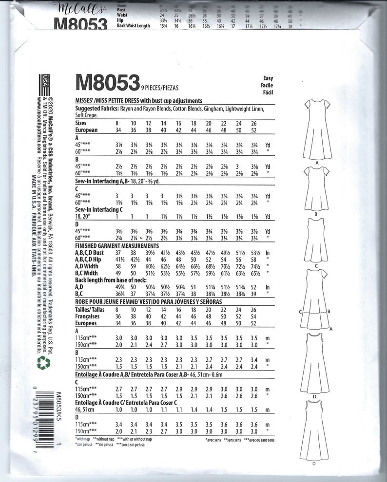 Uncut Mccall Sewing Pattern 8053 Misses' Dresses Sewing Pattern - Size ...
